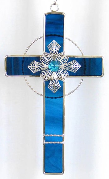 Stained Glass Filigree Cross – BLUE – Juhlin Glass Studio