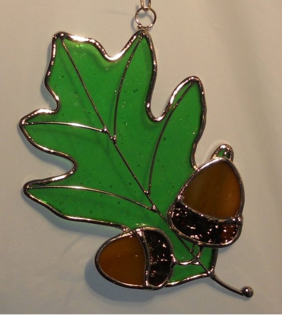 Stained Glass Oak Leaf with Acorns Suncatcher – Green – Juhlin Glass Studio